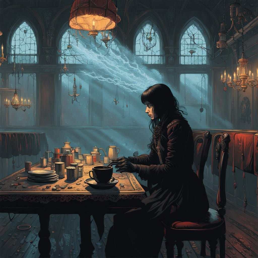 Goth Fashion Model in Moody Coffee Shop - AI Art