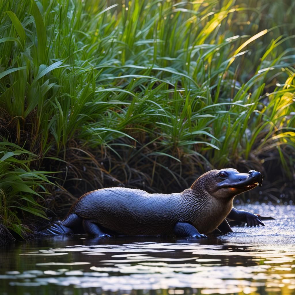Platypus, rainforest river shore, early morning, nature photography ...