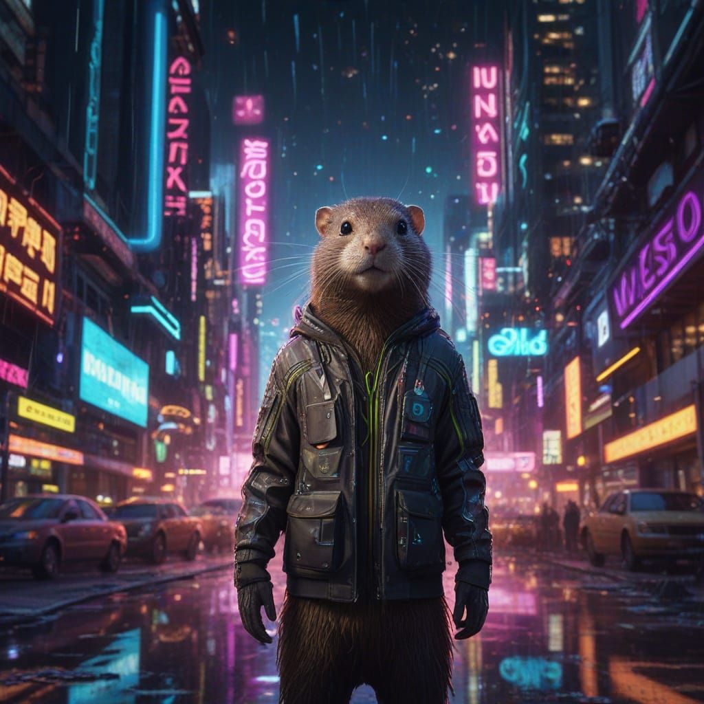 Cosmic Cyberpunk Rebel: Alien Muskrat Defies Digit... - AI Art