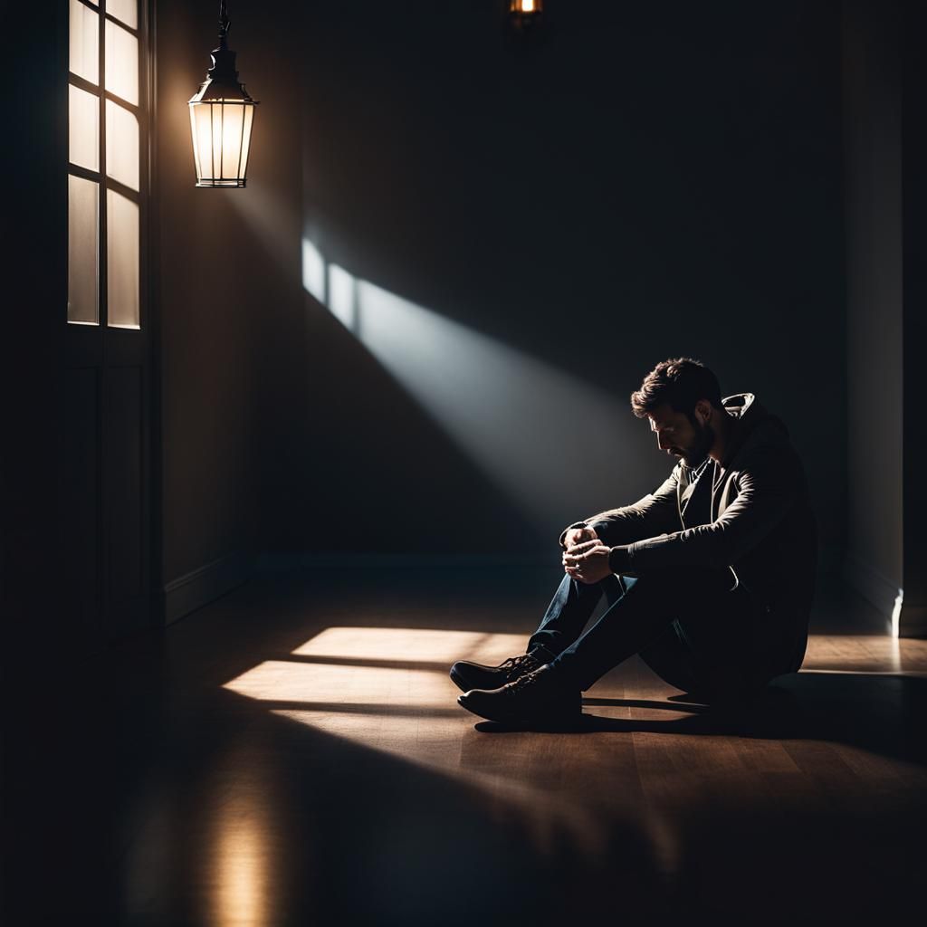 Depressed man made of light and shadows sitting in a dark room on the ...