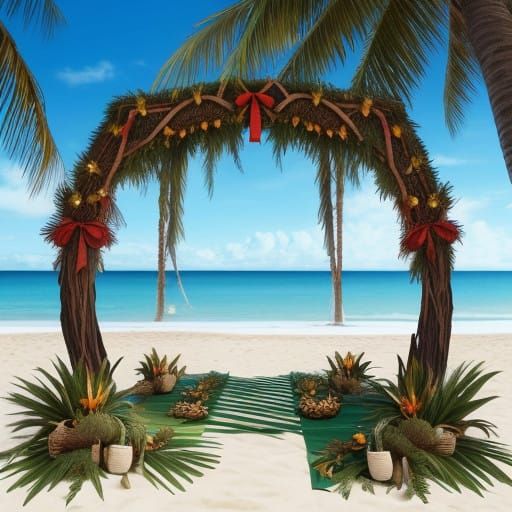 Coastal Shell Arch with Mistletoe in a Beach Setti... - AI Art