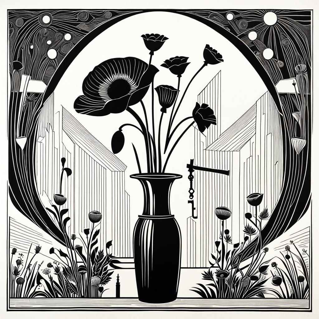 religious ecstasy holding a key, poppies in a vase, landscape, bullets ...