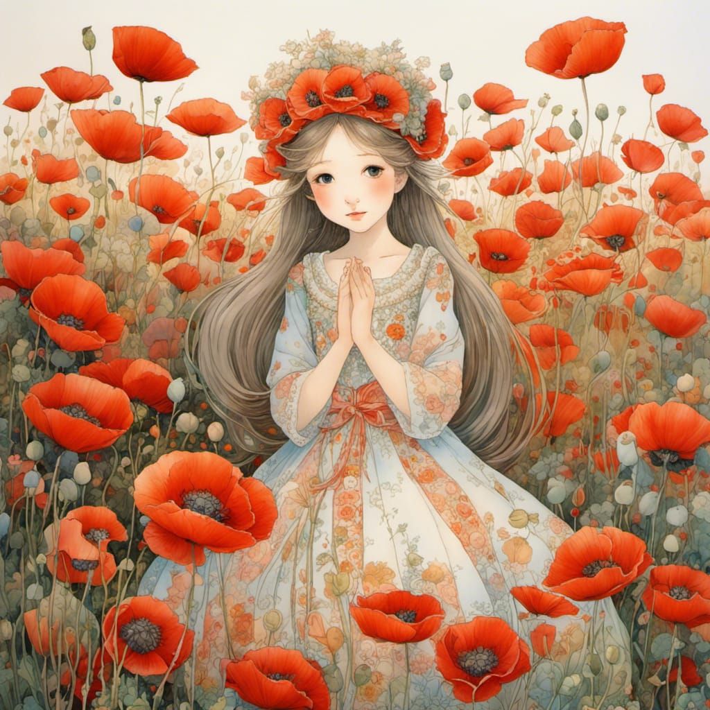 Beautiful happy fairytale princess covered in floral poppies patterns ...
