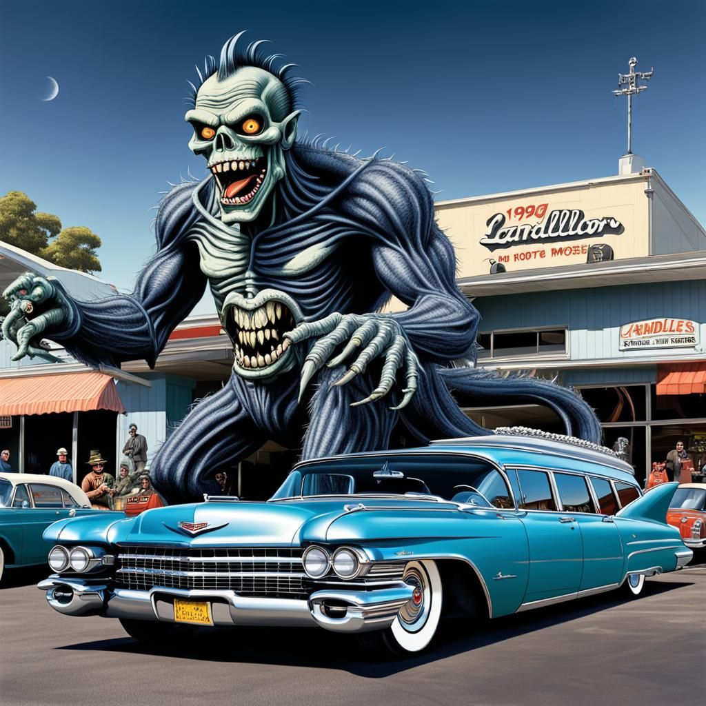 Ed Roth illustration, crazy monster stands next to a 1959 cadillac ...