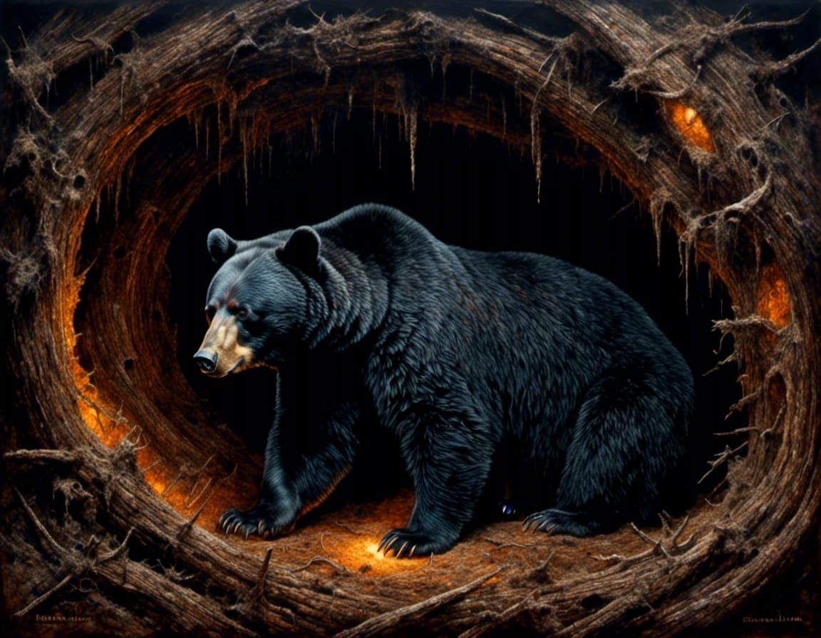 Inside the dark den of the Black Bear Hyperdetailed oil on canvas painting.