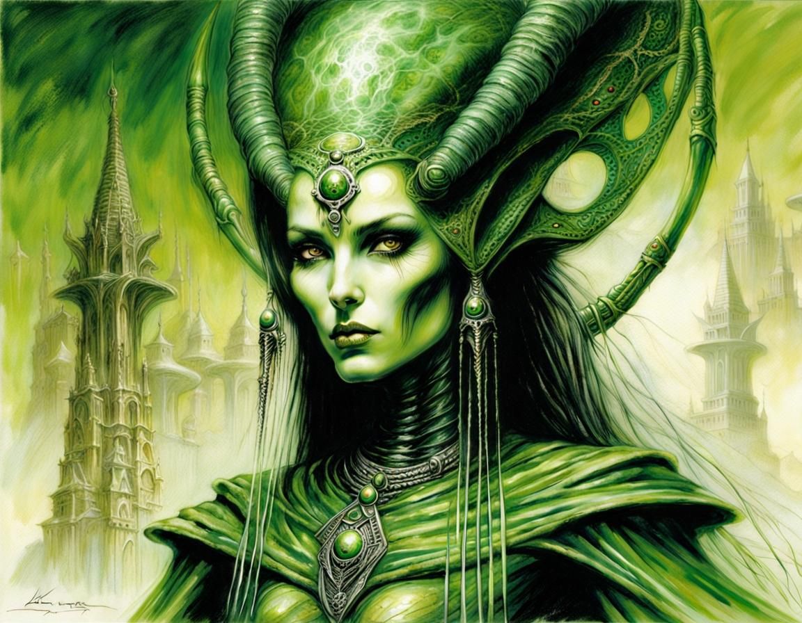 Green-skinned alien priestess, Luis Royo. - AI Generated Artwork ...