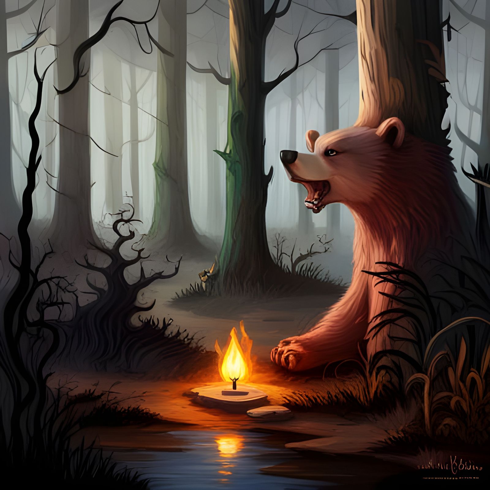 spooky forest trees, occulted, fog, enchanted bear, swamp, skulls ...