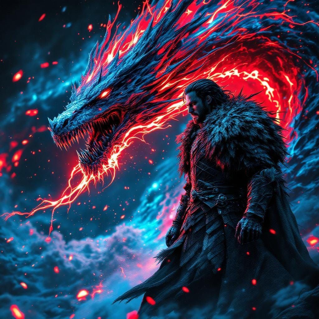 Jon Snow - Ice Dragon Fury: A Retro-Futuristic Anime Scene