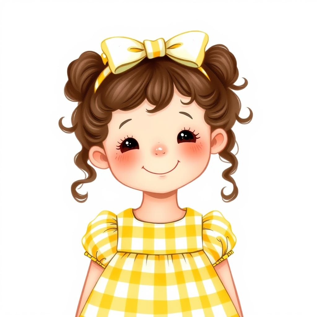 Cute Gingham Girl, Drawing - Whimsical Gingham Girl in Folk-...