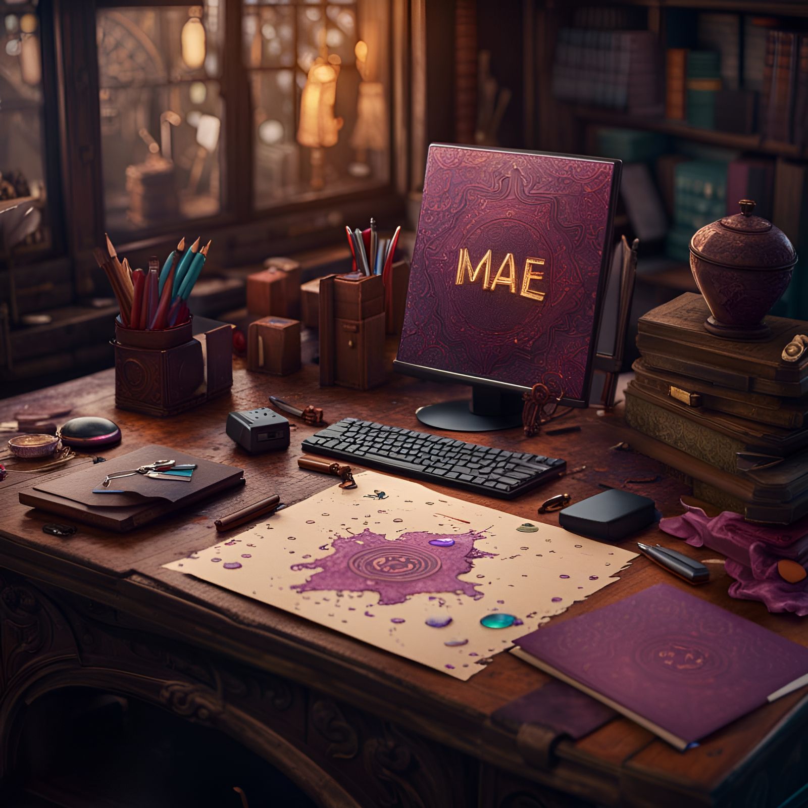 the name Mae imprinted on a desk with lots of stationary and paper top angle - AI Generated ...