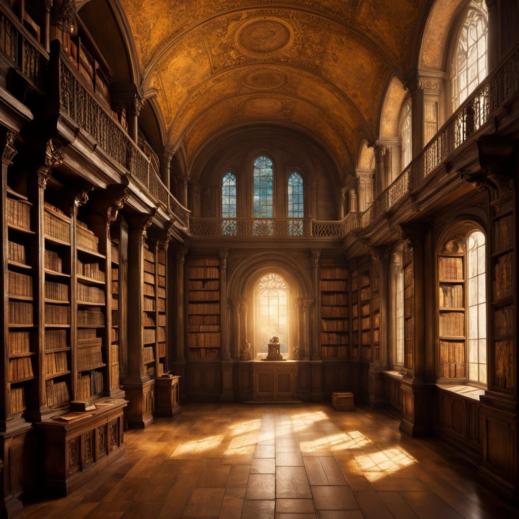 stately, old-world library with warm, honey-colored wooden bookshelves ...