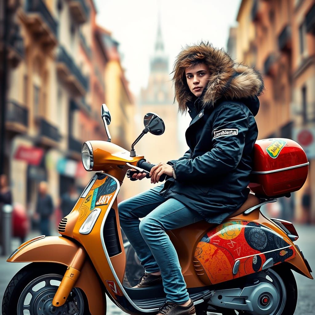 Mod wearing a parka on a mod scooter wrapped in "Barcelona" artwork