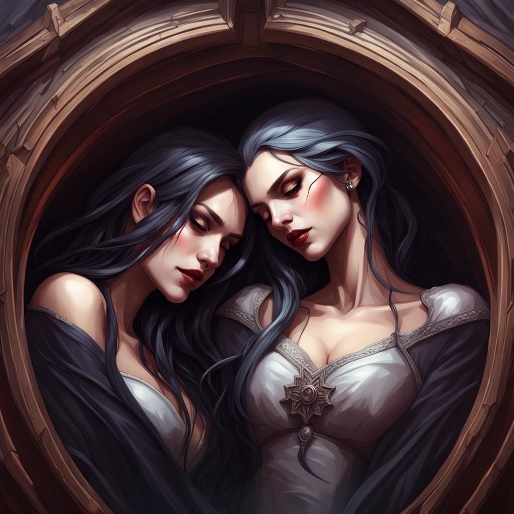 Two beautiful gothic female vampires inside a full closed coffin sleeping one dark coloured hair ...