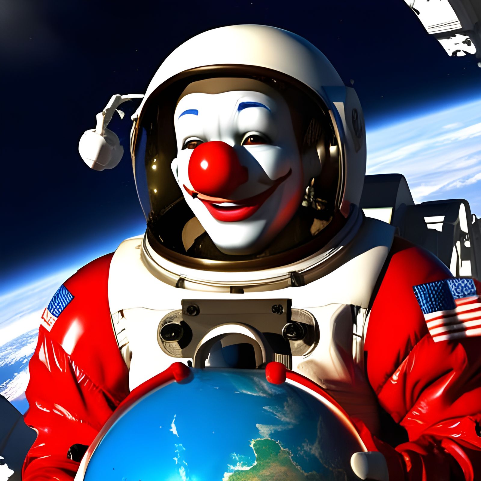 smiley clown floats in a clown spacesuit with a glass helmet in orbit ...
