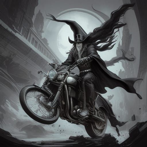 Surreal Wizard Rides Retrofuturistic Motorcycle in... - AI Art