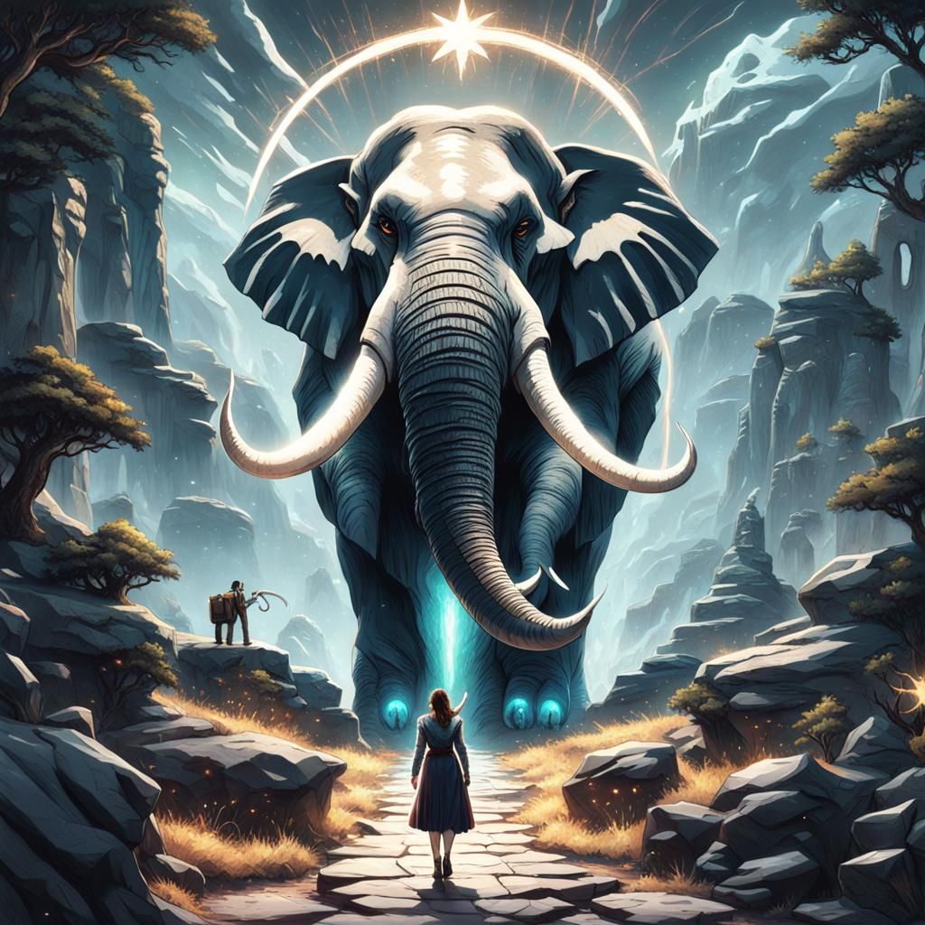 A young woman standing on a stone pathway facing a colossal, mythical ...