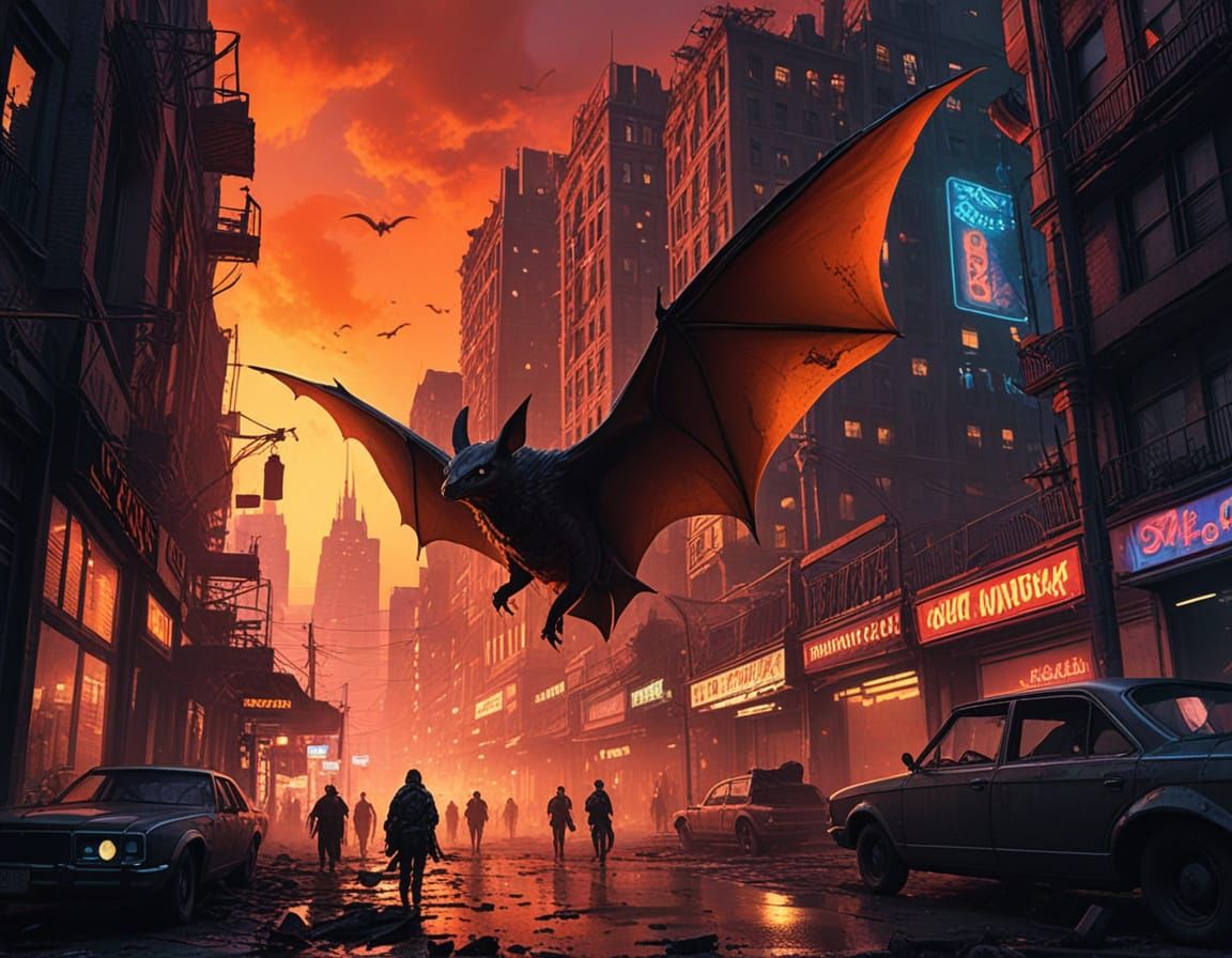 Dark Fantasy Cyberpunk Bat Descends Upon Heroes in... - AI Art