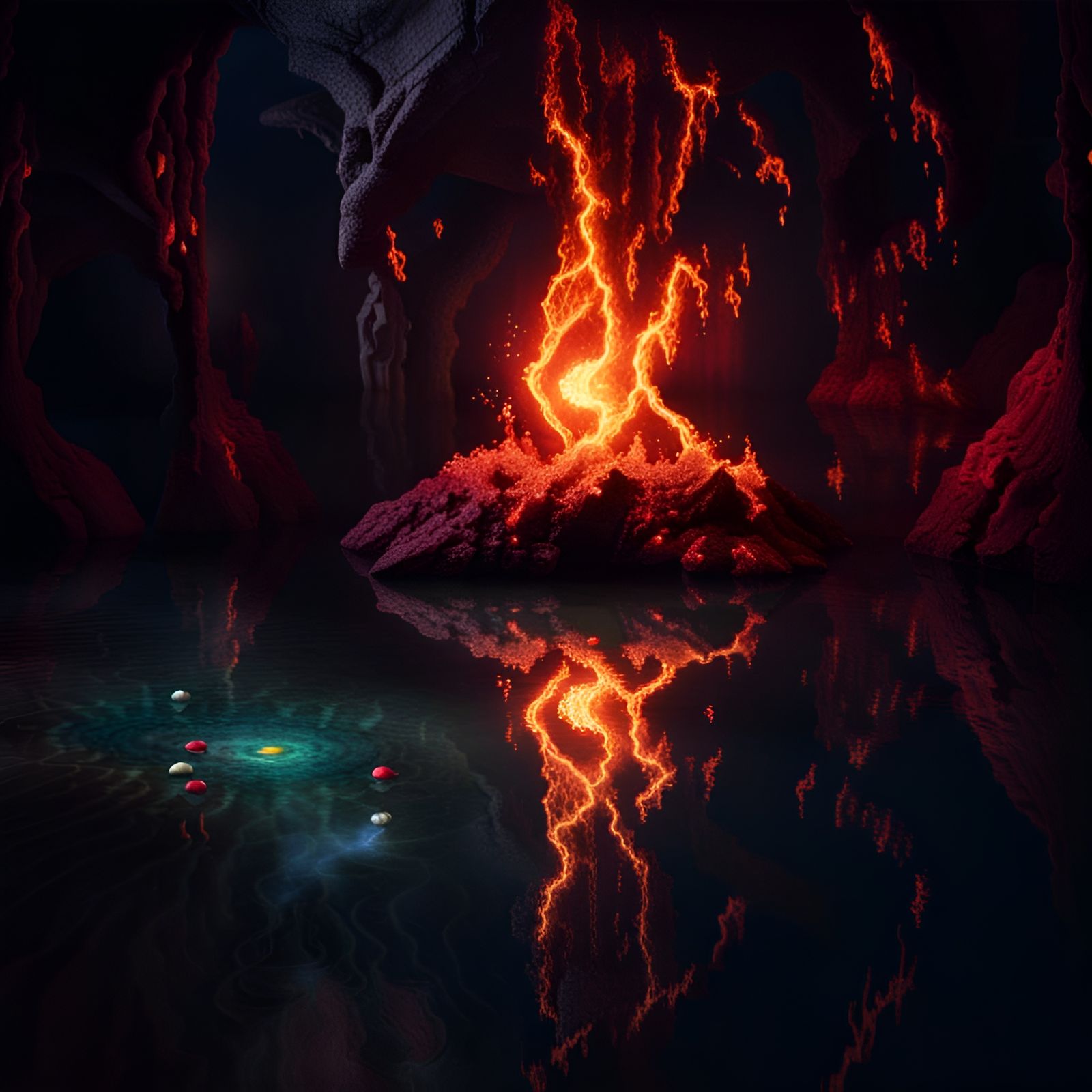 Eternal Eldritch fire reflected in a dark pool in a cavern - AI ...
