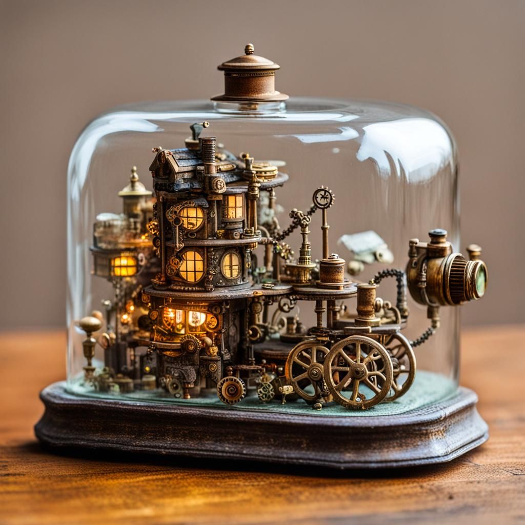 Glass jar with a complete teeny tiny steampunk museum inside - AI ...