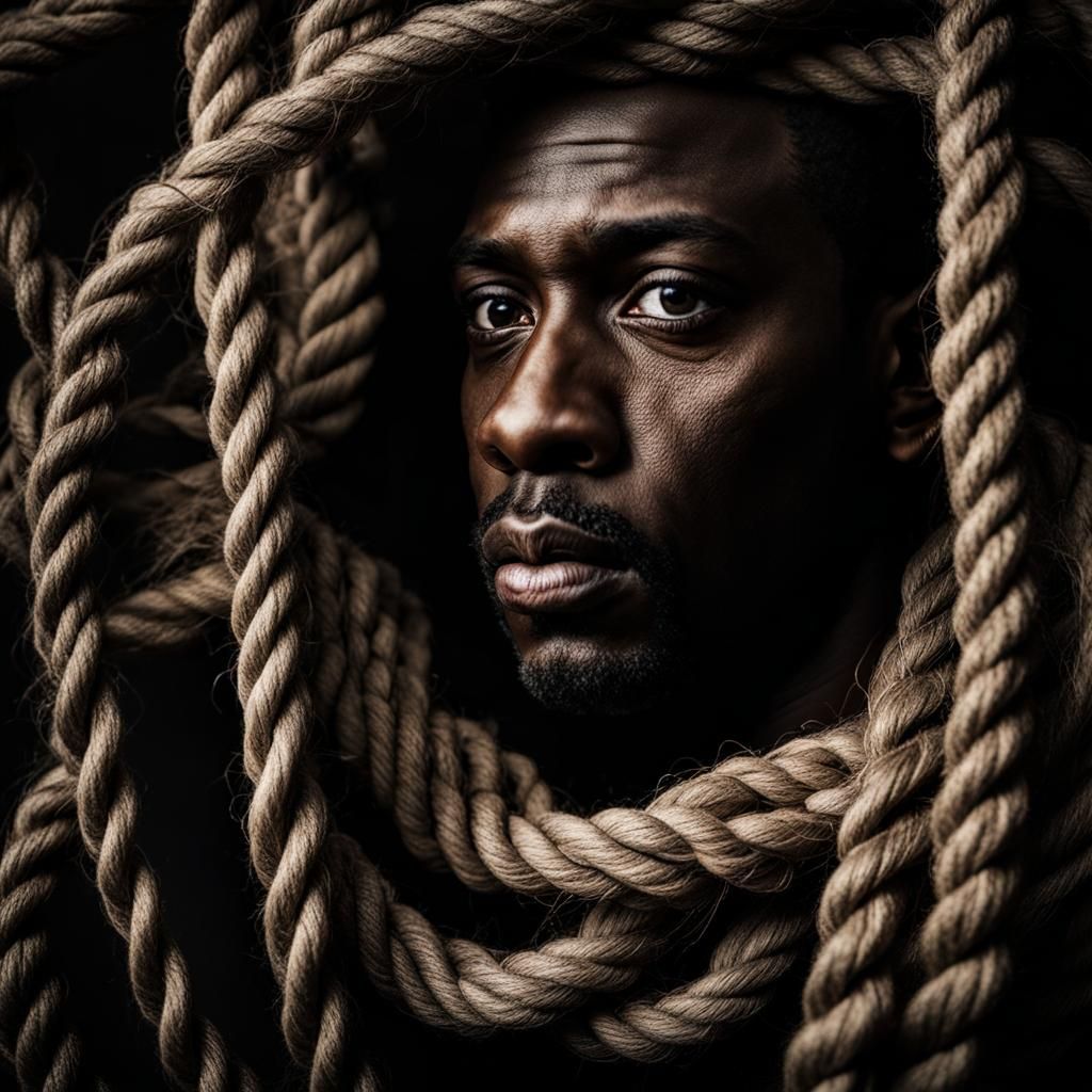 Black man entangled by (jute ropes and knots:1.2) on Harlem renaissance ...