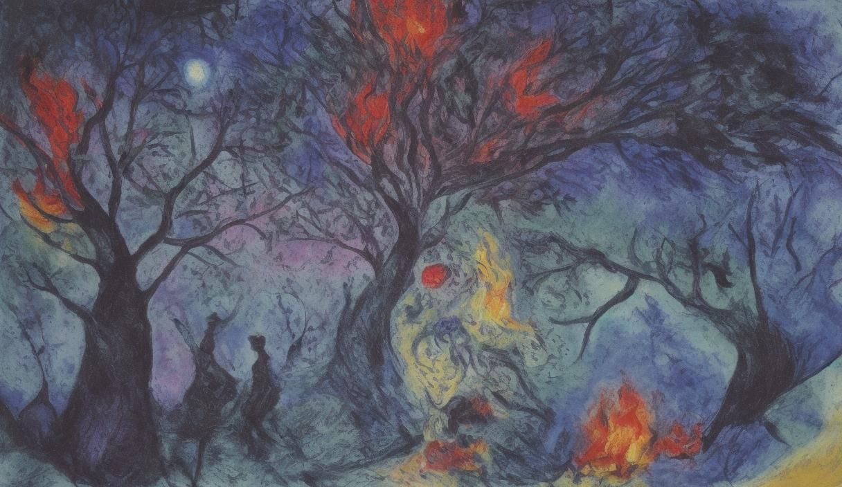 Burning tree at night by chagall - AI Generated Artwork - NightCafe Creator