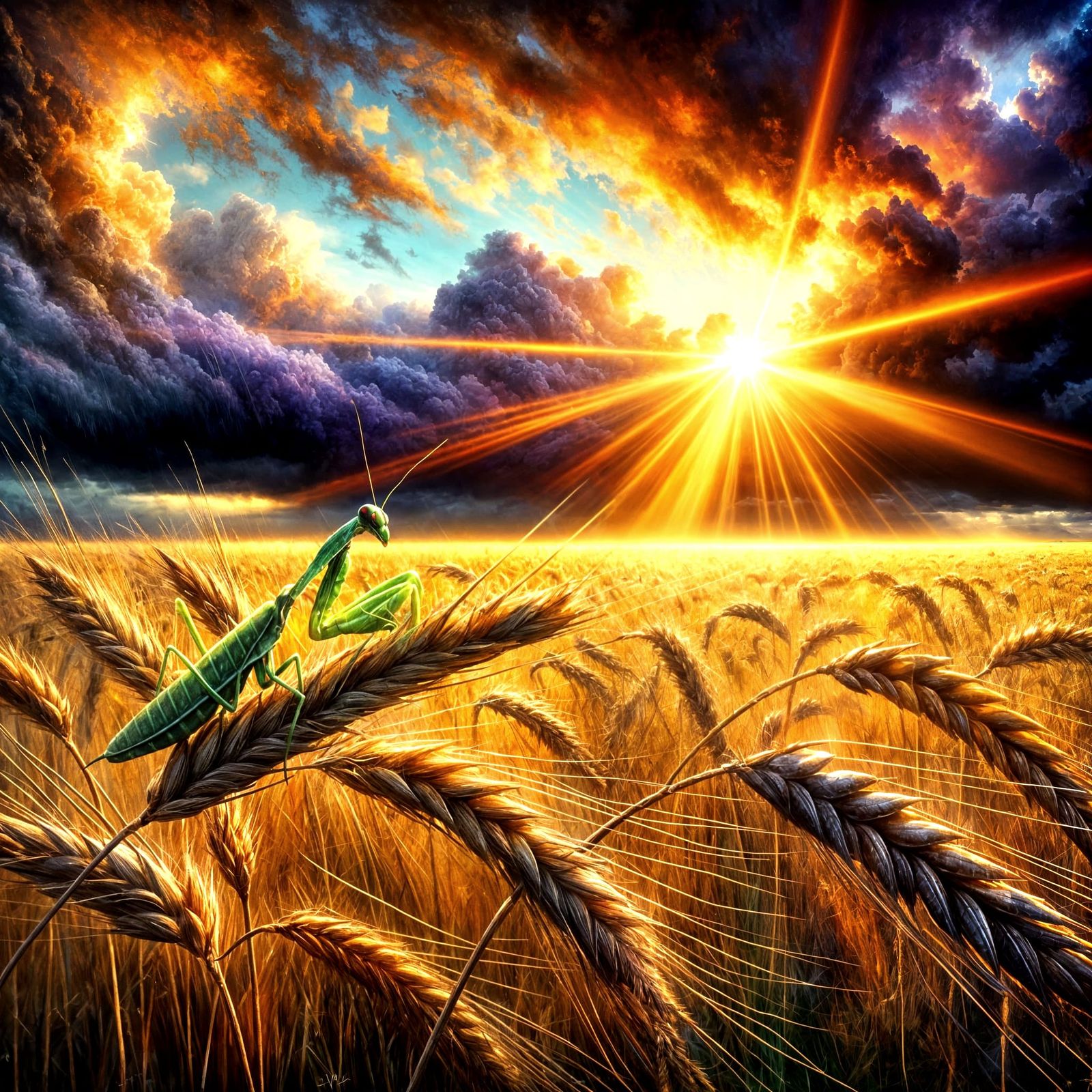 Praying Mantis on Golden Wheat - Praying Mantis on Golden Wh...