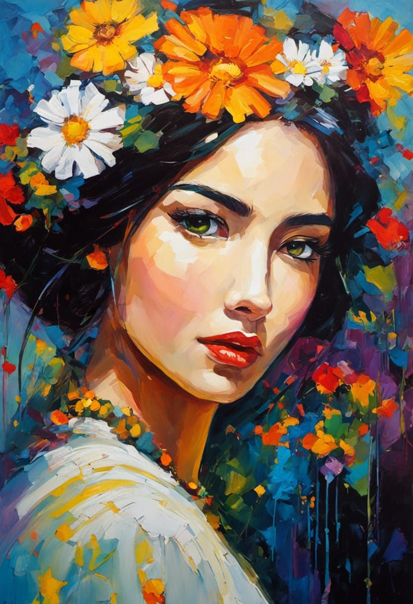 Geisha with daisies rridescent drawing woman cinematic dramatic ...