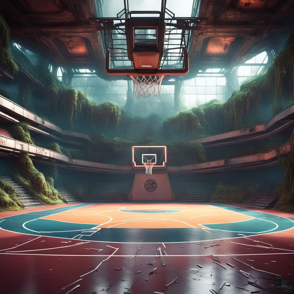 intergalactic futuristic basketball court destroyed by nature ...