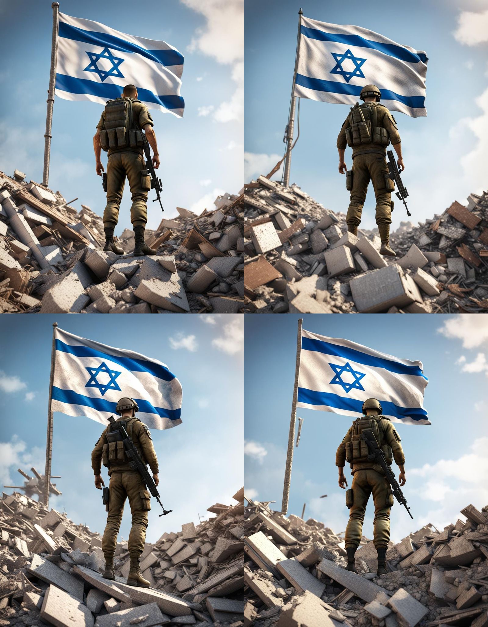 Israeli soldier standing ontop of rubble with Israeli flag ...