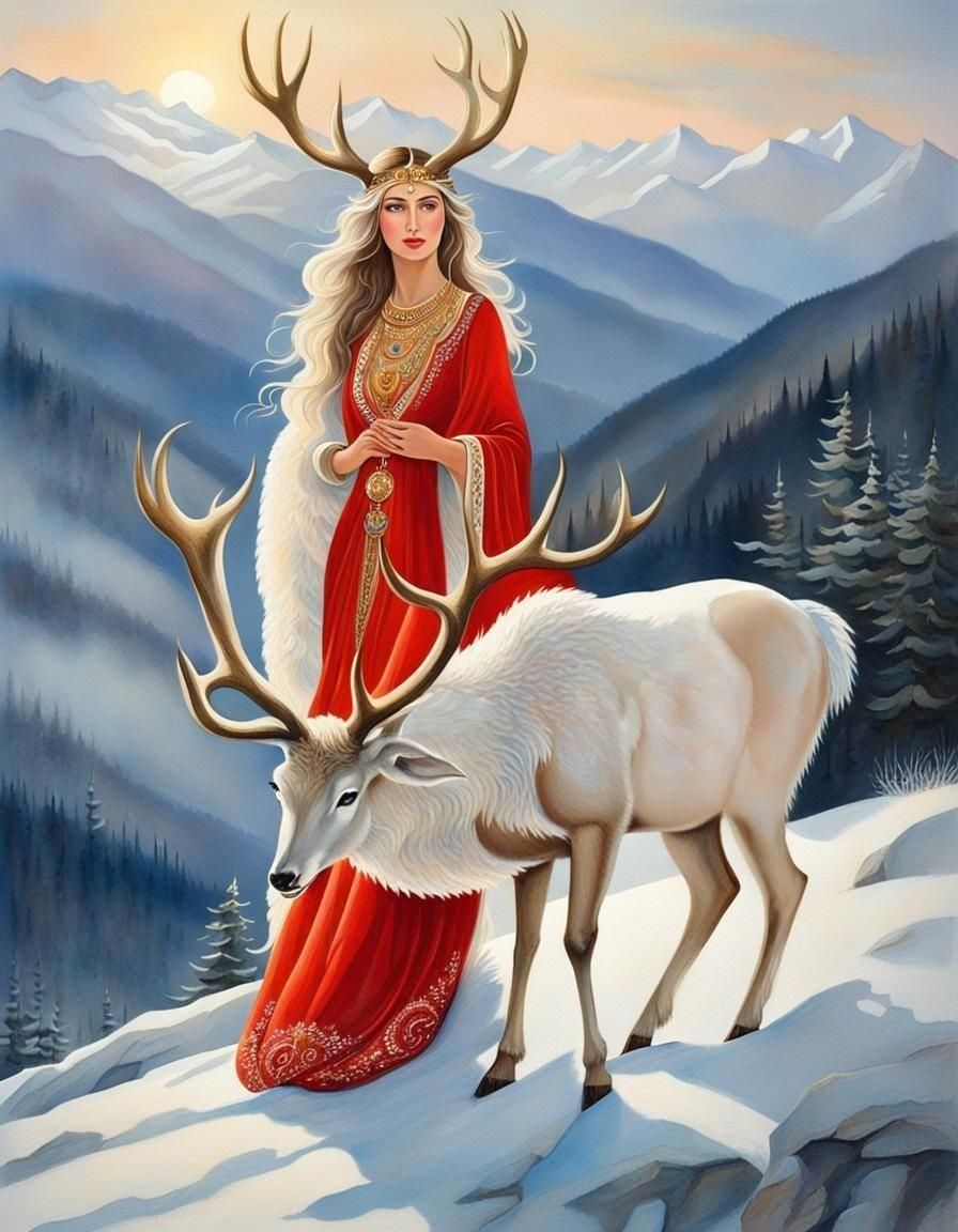 Rohanitsa, Deer Mother, the winter Goddess with antlers, with her deer ...