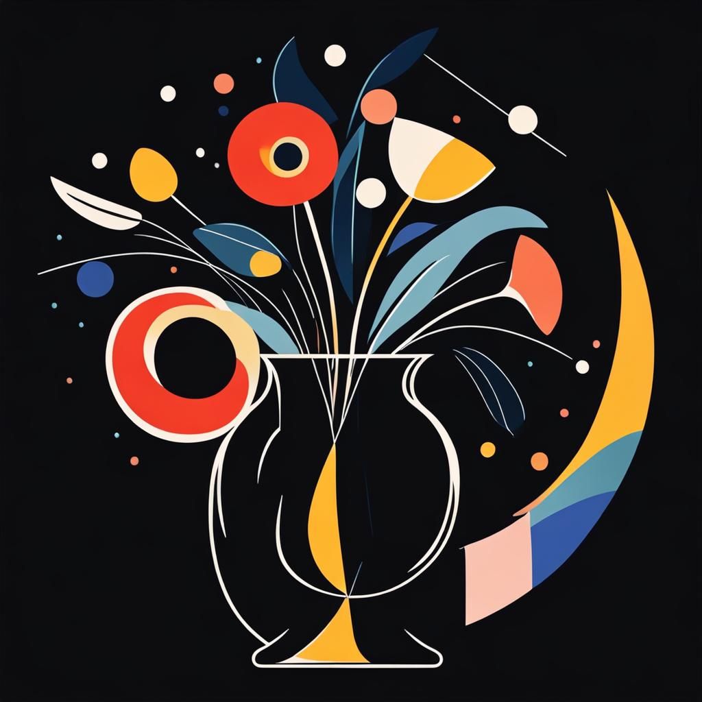 A flower in a vase. A half moon. In the style of Kandinsky, Kinkade ...