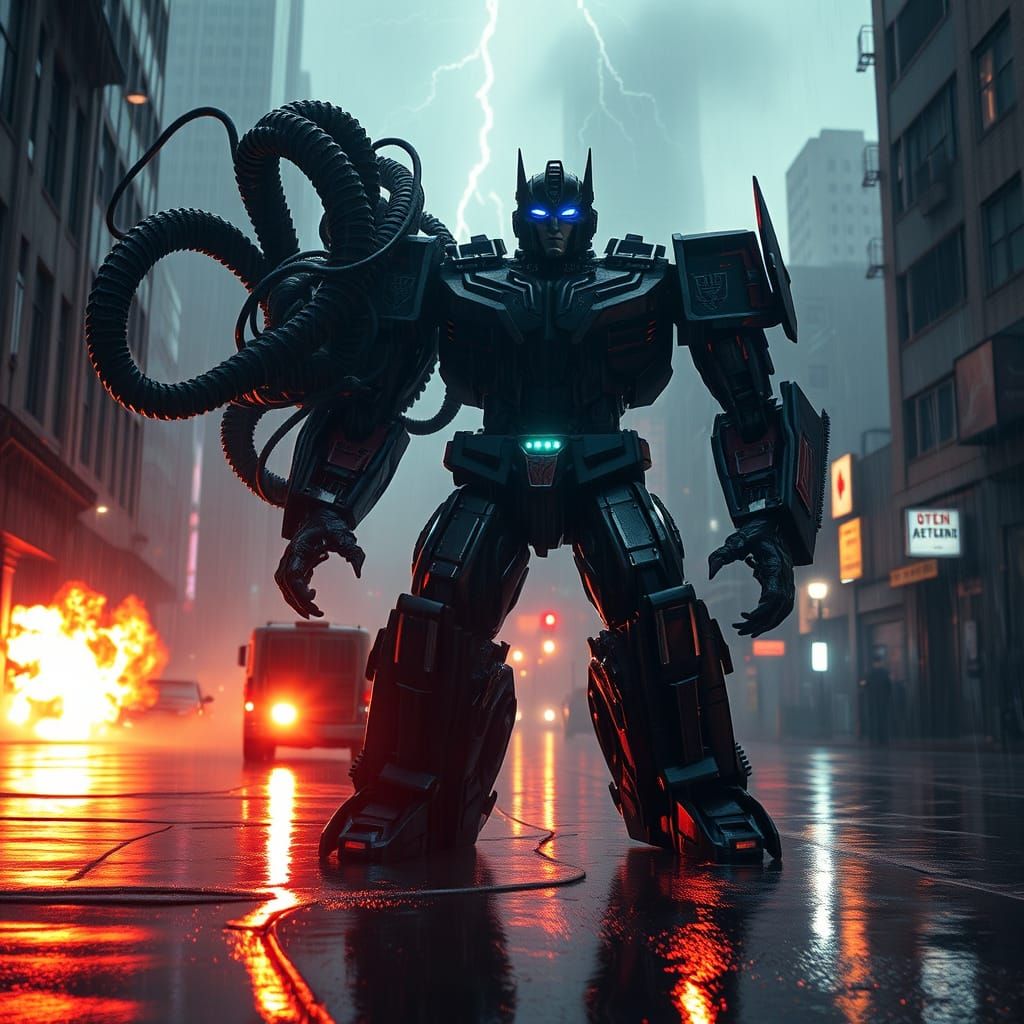 Optimus Prime, trong bộ giáp đỏ và xanh, đứng cao và sẵn sàng, đôi mắt sáng lên đầy quyết tâm.