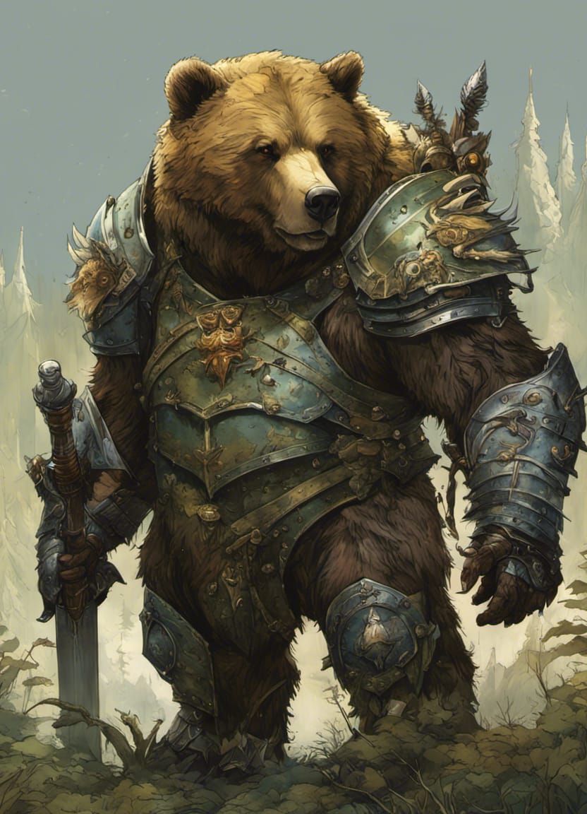 Obese Combat Bear Knight: Olive-Chrome armor reminiscent of wild ...