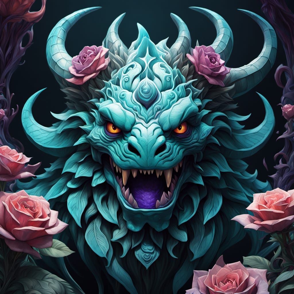 Surreal Aqua Labyrinth Monster in Teal Rose Hues - AI Art