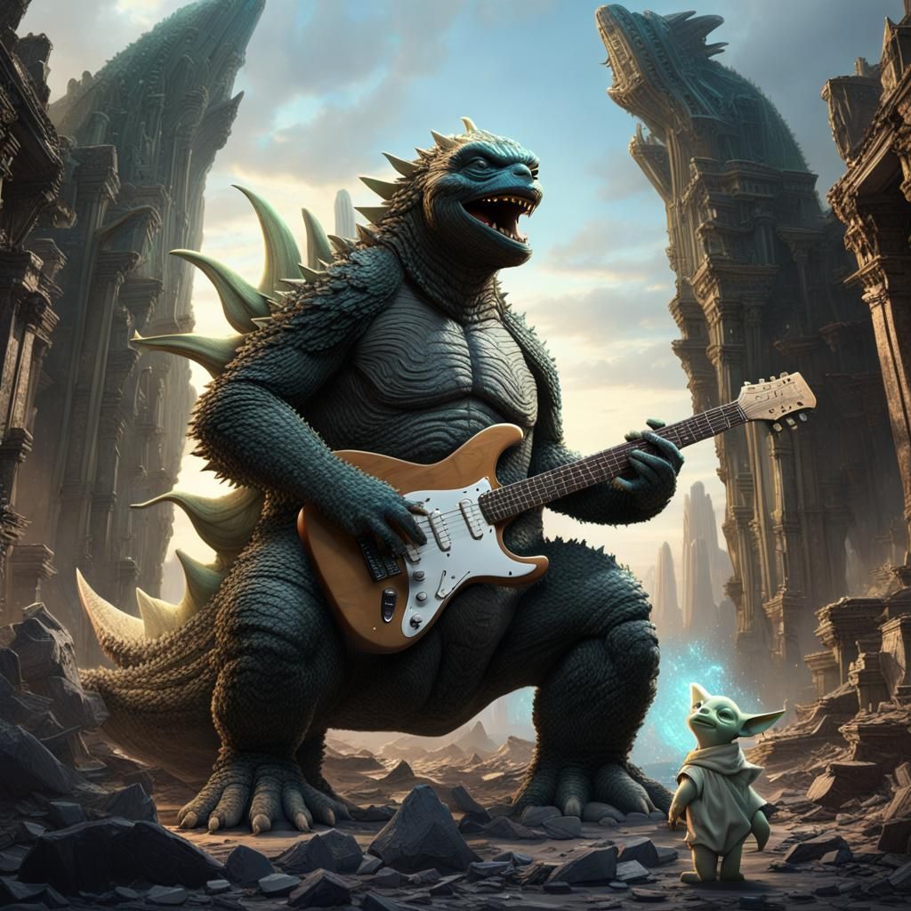 Godzilla and baby yoda playing guitar in the ruins of atlantis - AI ...