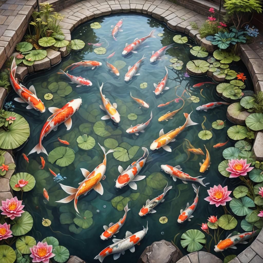 Chalk art in a street of a beautiful koi pond, it is 3D. - AI Generated ...
