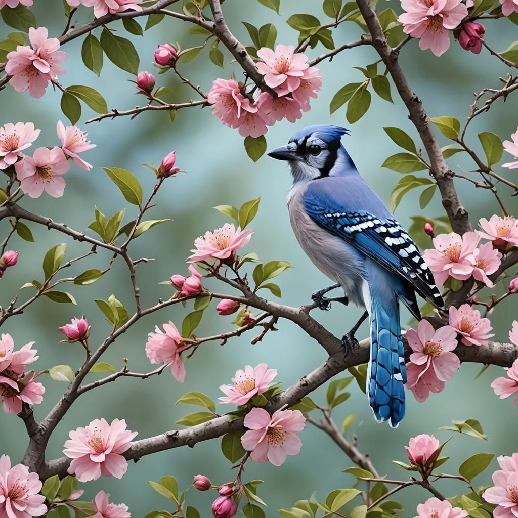 cute, adorable blue jay bird perched on tree branch, many leaves and ...