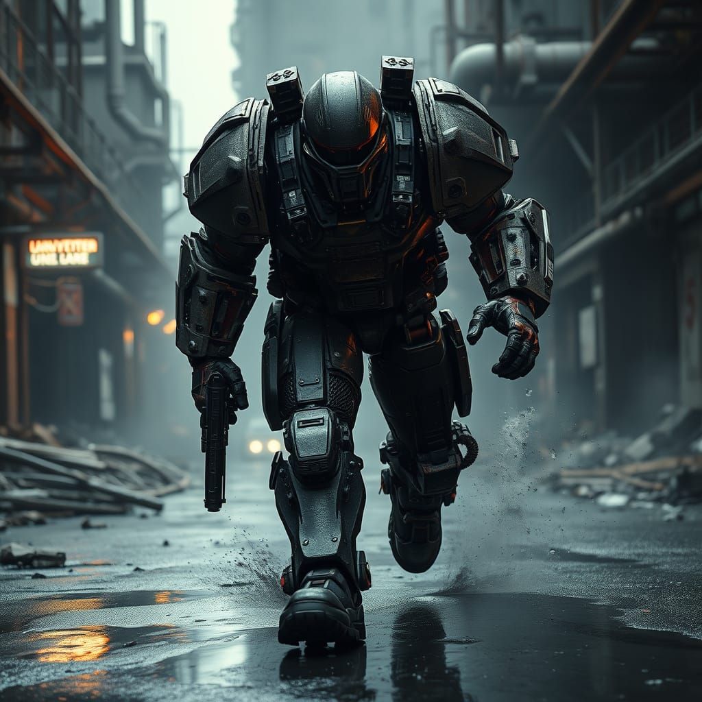 Dieselpunk Cyborg Soldier in Kinetic Battle Pose - AI Art