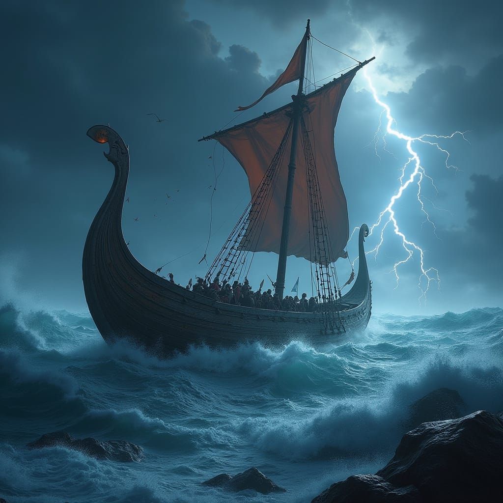 Viking Longship Battles Turbulent Stormy Seas - AI Art