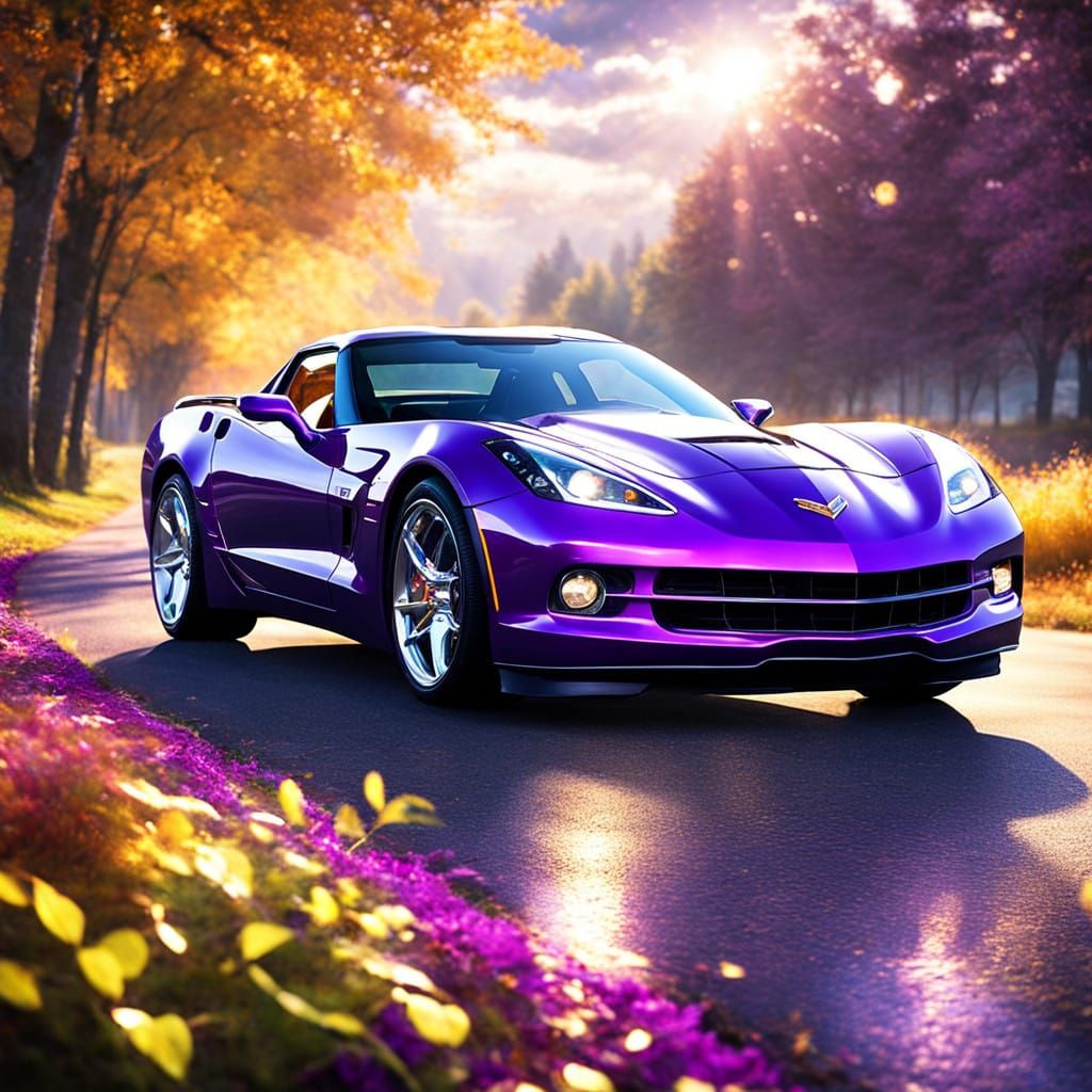 1980s Purple Corvette on Autumn Country Road - AI Art