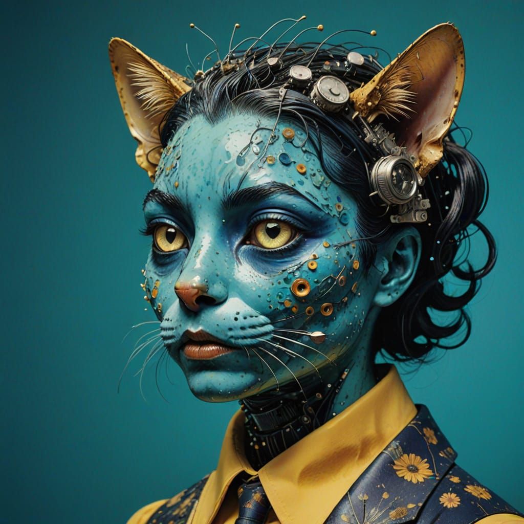 Surreal Whimsy: Turquoise Cat, Crow, and Fuzzy Fir... - AI Art