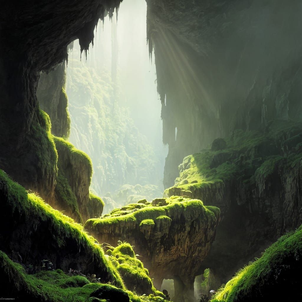 Vast Cave Ecosystem in Ethereal Light - AI Art