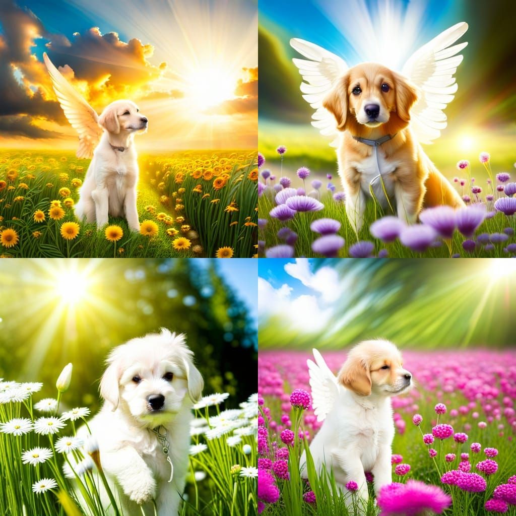 Angel puppy in a flower meadow!! - AI Generated Artwork - NightCafe Creator