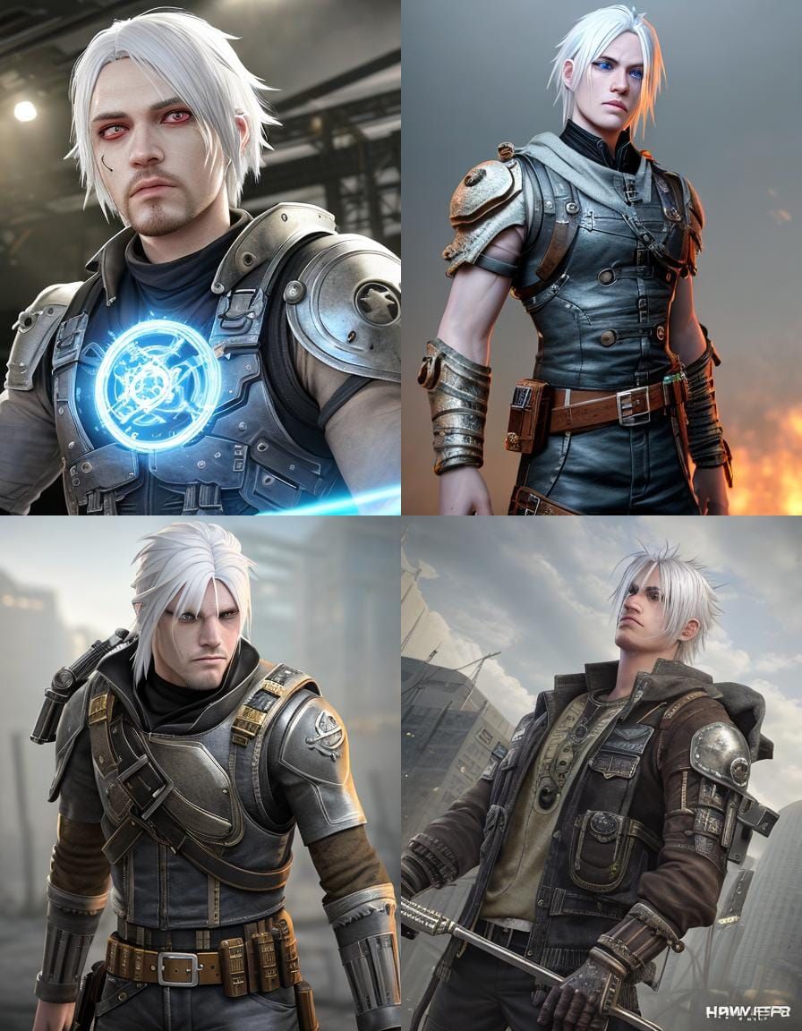 video game character, albino, silver hair, golden eyes, homunculus ...