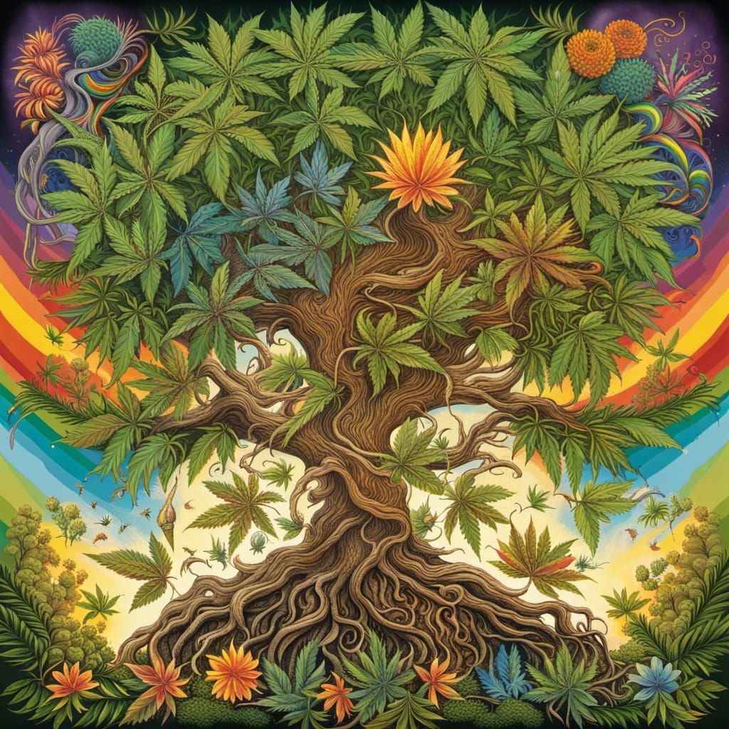 The Tree of Life, highly detailed cannabis plants, cannabis leaves ...
