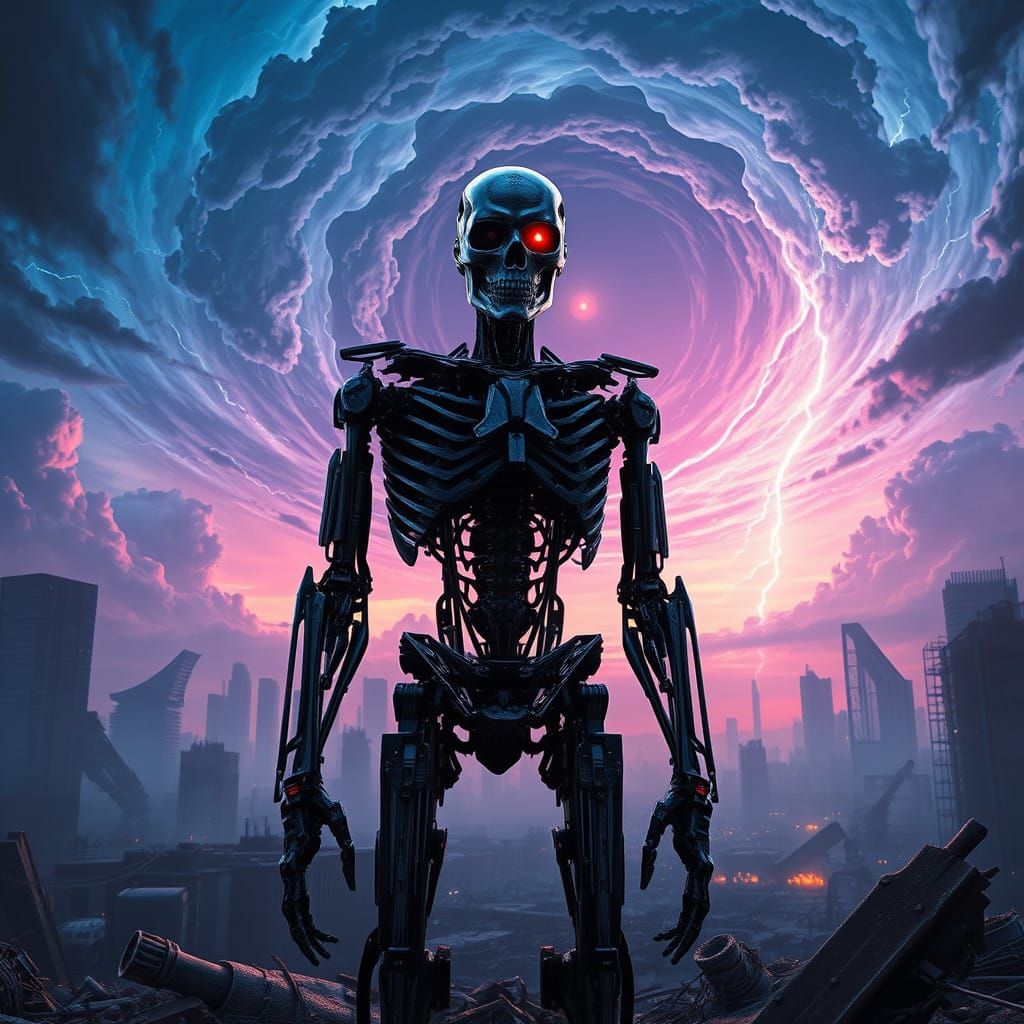 Terminator - Cybernetic Warrior Standoff in a Futuristic Met...