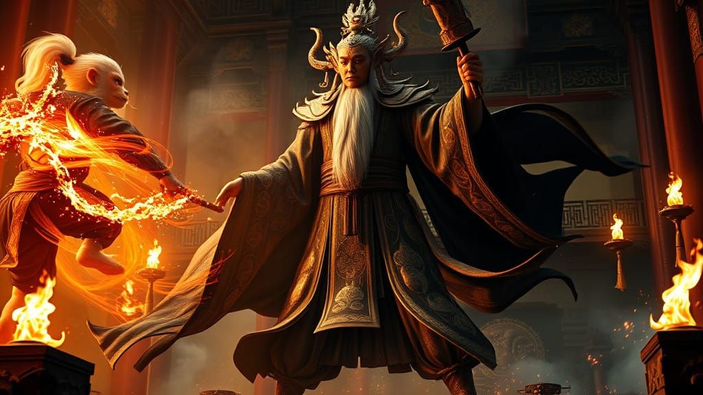 Epic Clash: Hundred-Eyed Daoist Master vs Wukong - AI Art