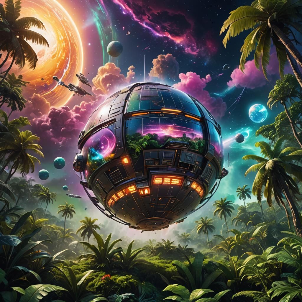Spherical Spacecraft Lands on Tropical Planet in V... - AI Art