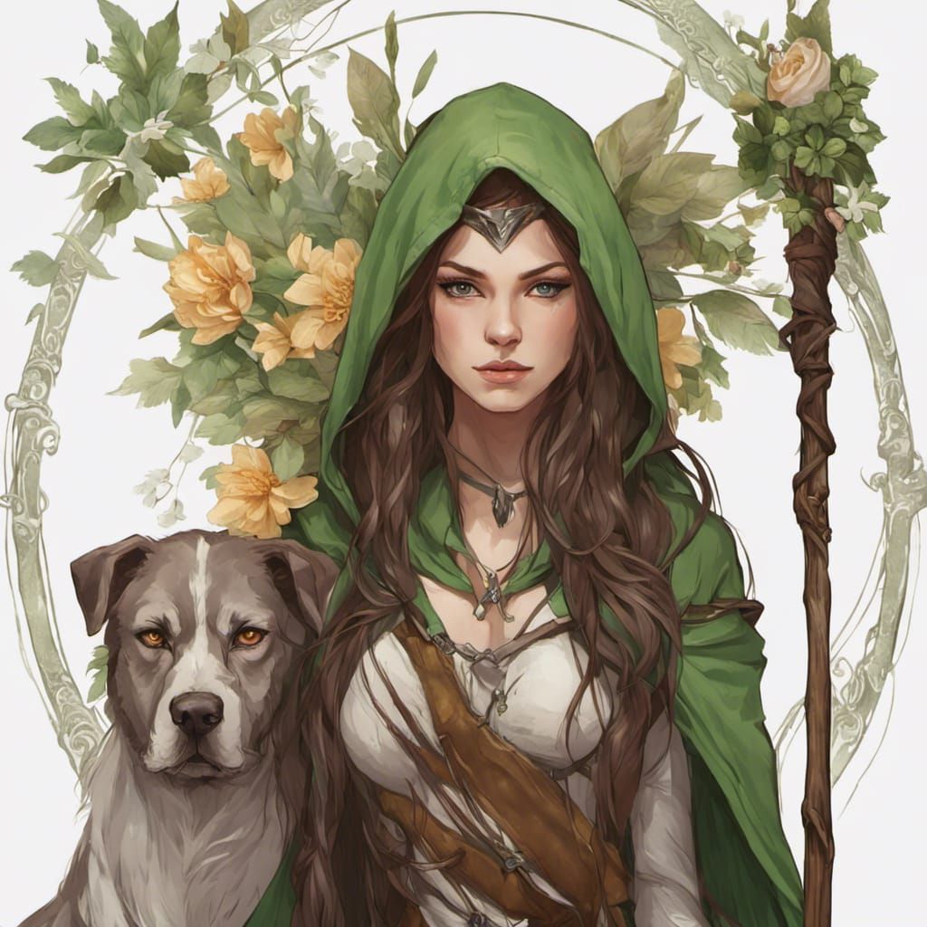 Portrait of a beautiful young druid elf woman in brown and green hooded ...