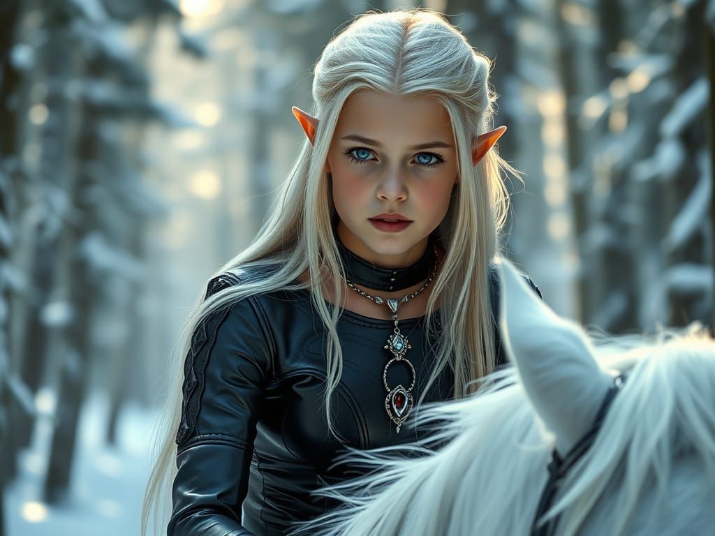 Ethereal Elven Rider in Snowy Forest Landscape - AI Art
